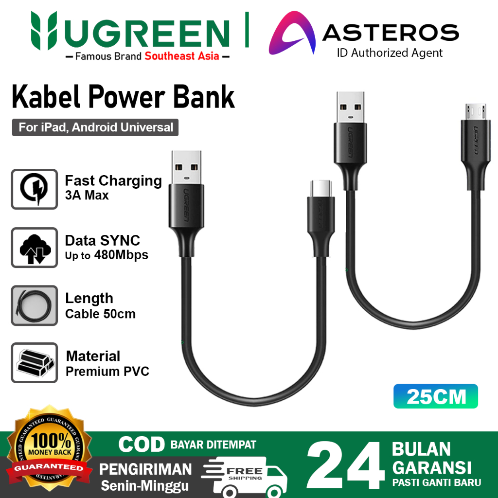 Jual UGREEN Kabel Data PowerBank Pendek Type C, Micro USB 20cm 50cm ...