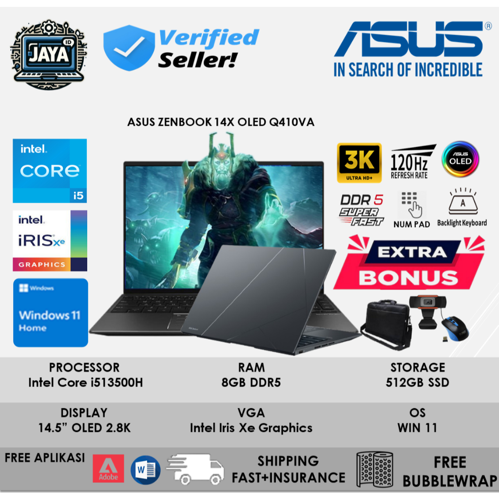 Jual Laptop Slim ASUS ZENBOOK 14X OLED Q410VA INTEL I5 13500H 8GB DDR5 ...