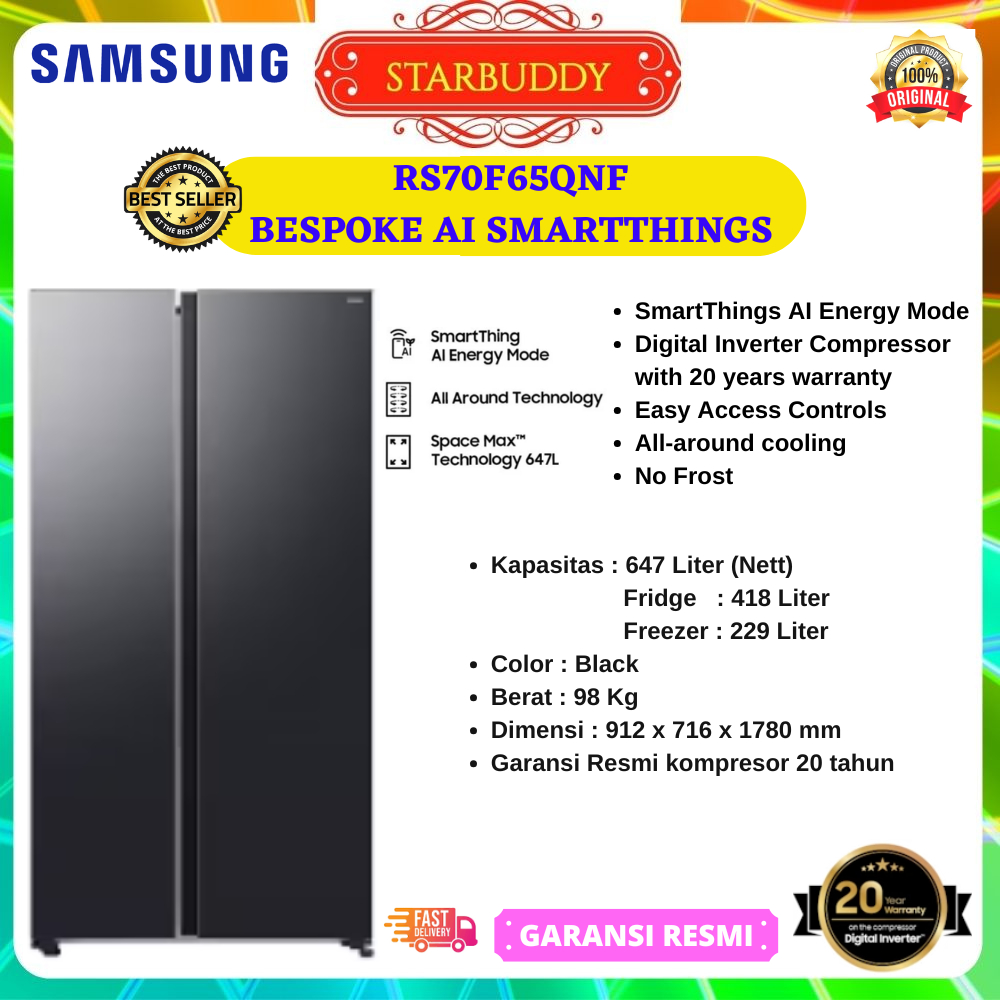 Jual KULKAS SAMSUNG RS70F65QNFSE SIDE BY SIDE BESPOKE AI REFRIGERATOR SBS -SMARTTHINGS BLACK ...