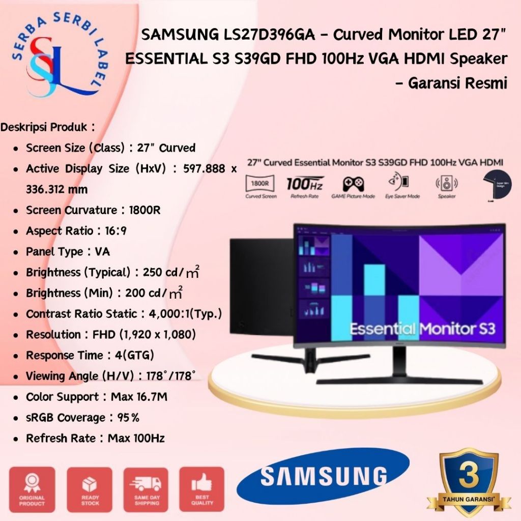 Jual Monitor SAMSUNG 27" inch LS27D396GA PENGGANTINYA LED Curved ...