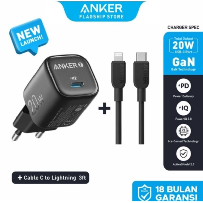 Jual ANKER Set charger iphone Type-C to Lightning 20W ZOLO GaN fast ...