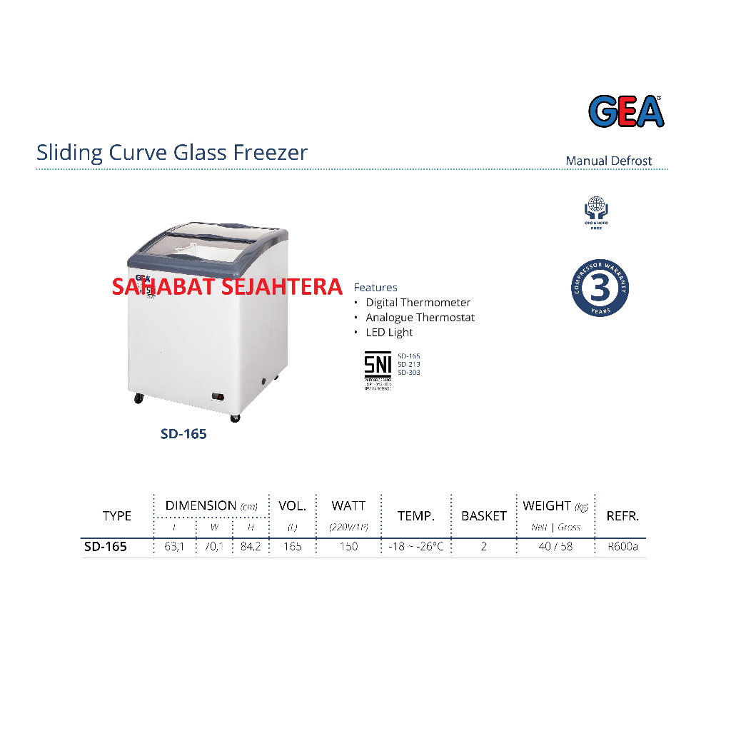 Jual GEA Sliding Curve Glass Freezer 165L SD-165 - Freezer Kaca ...