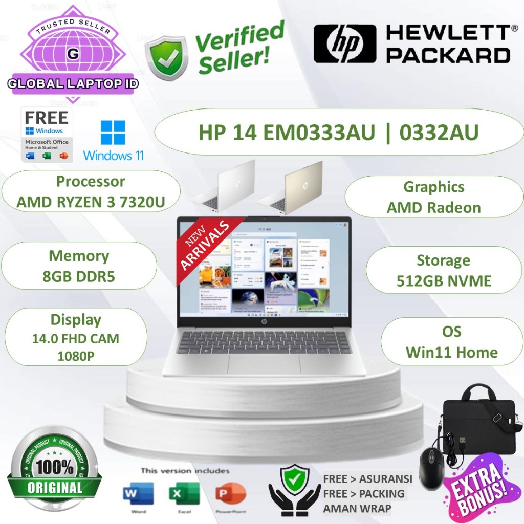 Jual RESMI Laptop HP 14 EM0332AU | EM0333AU AMD Ryzen 3 7320U RAM 8GB ...
