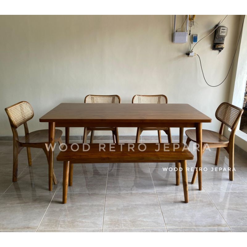 Jual PROMO !!! Set Meja Makan Kursi Kacang Jati Mix Rotan - Meja Cafe Resto - Kursi Makan ...