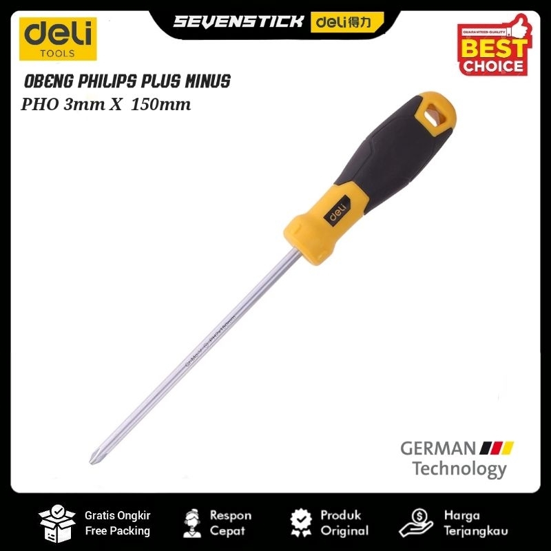 Jual Deli Philips Screwdriver Obeng Plus Minus Magnet PH0-3mm x150mm ...