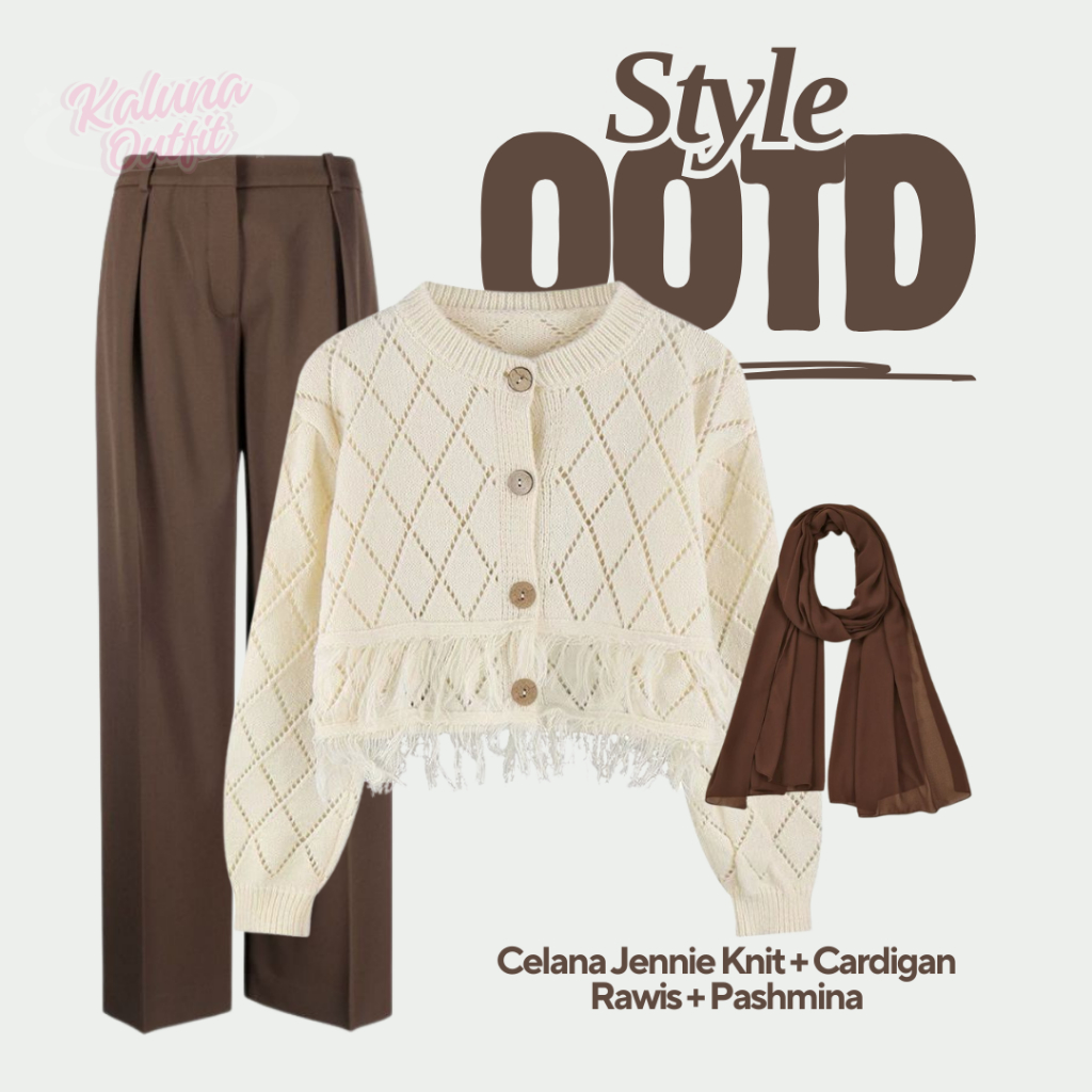 Jual 3in1 Setelan Hijab ( Celana Jennie Knit, Cardigan Rawis, Pashmina Ceruty ) Outfit Study ...