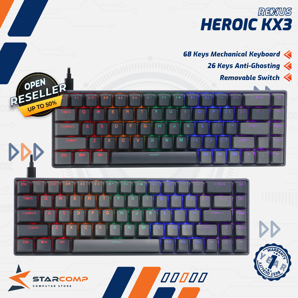 Jual Rexus Heroic KX3 / KX-3 Mechanical Gaming Keyboard 68 Keys Compact ...