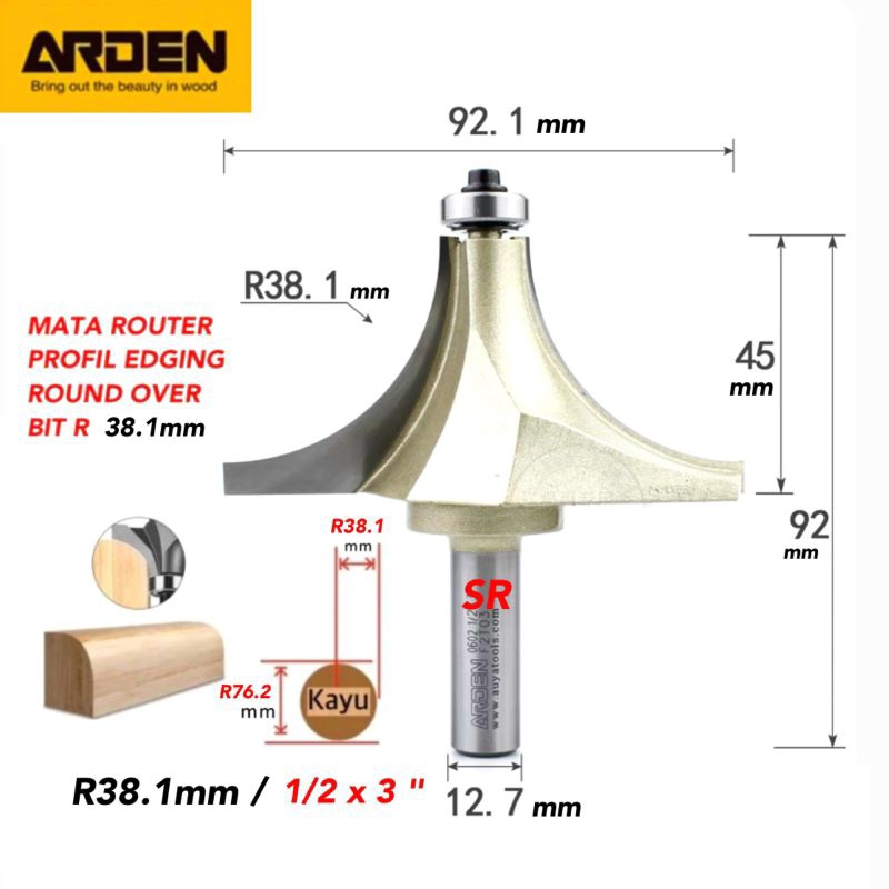 Jual Mata Profil/ Router Round Over Bits 38 mm (1/2 × 3) As 1/2 Inch ...