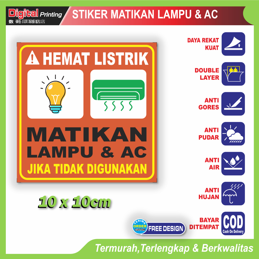 Jual Stiker tulisan matikan lampu & AC jika tidak digunakan sticker hemat daya anti boros ...
