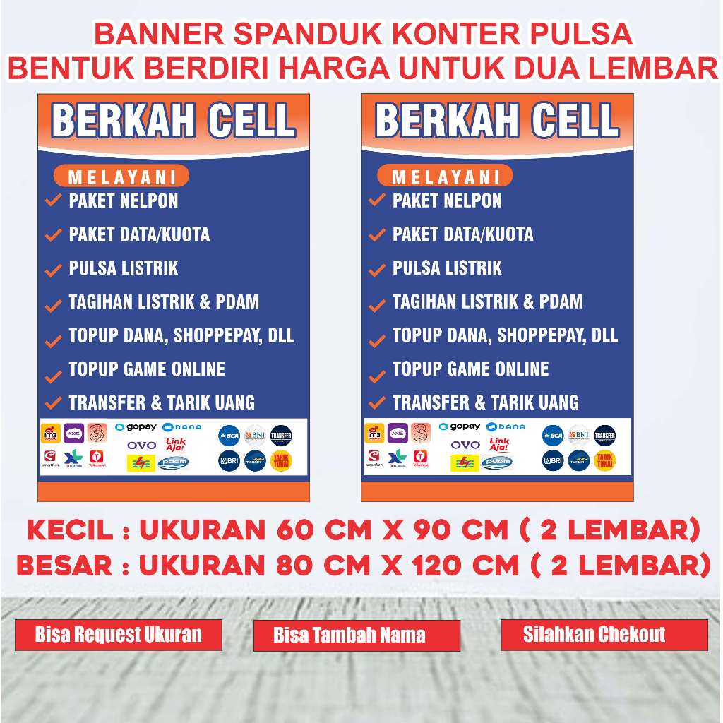 Jual BANNER SPANDUK KONTER PULSA BENTUK BERDIRI HARGA UNTUK DUA LEMBAR | Shopee Indonesia