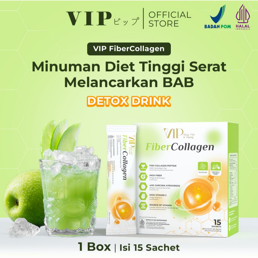 Jual VIP FiberCollagen (1box 15 sachet) Rasa Apel Segar | Diet, Detox ...