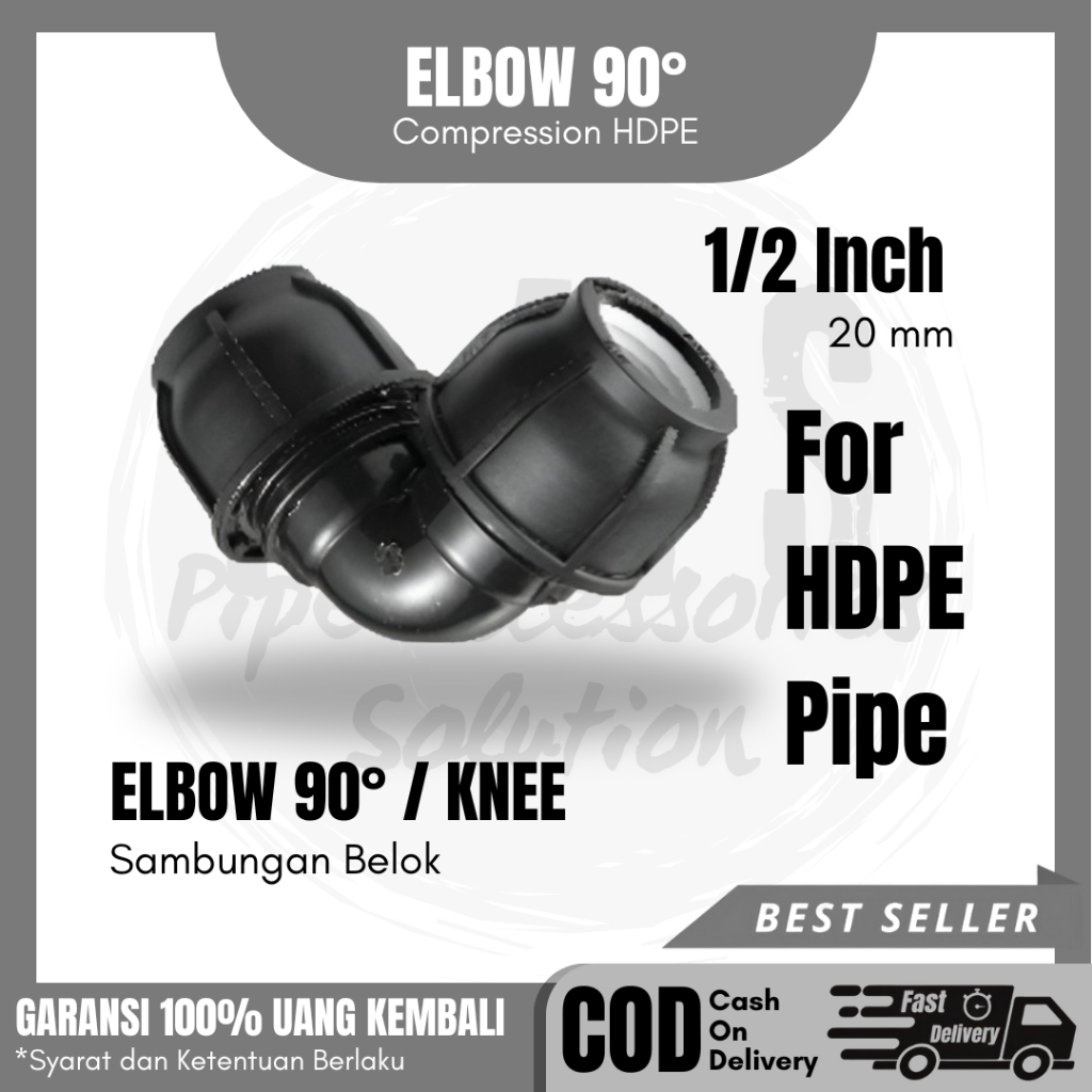 Jual Elbow 90 Deg / Knee Compression 20mm atau 1/2 Inch Sambungan / Fitting Pipa HDPE | PP ...