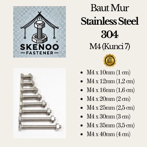 Jual Baut Mur Stainless Steel 304 (Food Grade), M4 (Kunci 7), Hexagonal ...