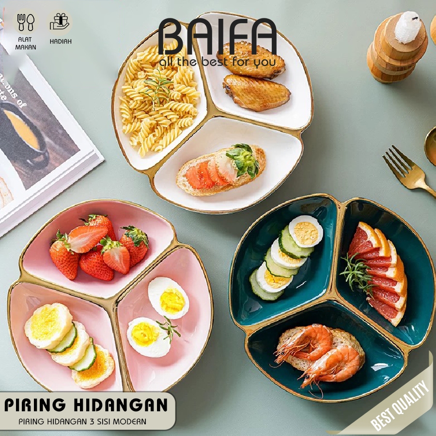 Jual BAIFA - Piring Saji Keramik Emas Sekat Tiga Bagian/ Piring Keramik ...