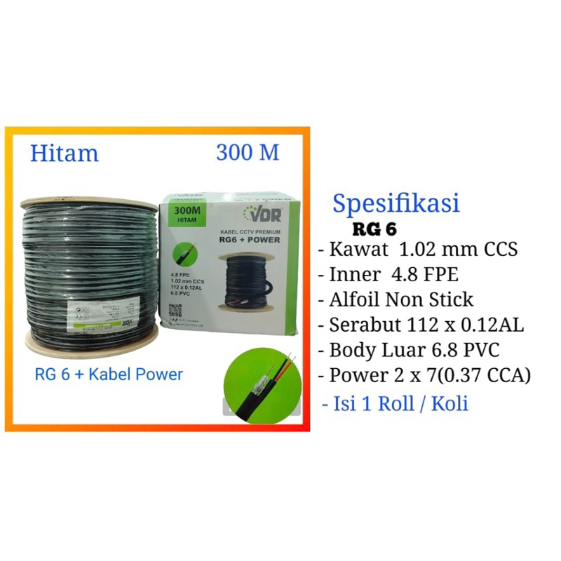 Jual Kabel CCTV Premium VDR RG 6 + Kabel Power 300m 300meter | Shopee ...