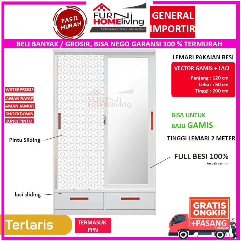 Jual Lemari Pakaian Besi GAMIS Full Gantungan 120 Sliding + Laci VECTOR ...