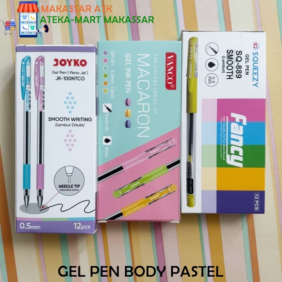 Jual [BOX/12PCS] JOYKO GEL PEN JK-100NTCO VC-301 GP-SQ889 ST-9002 VANCO GRIP PASTEL | Shopee ...
