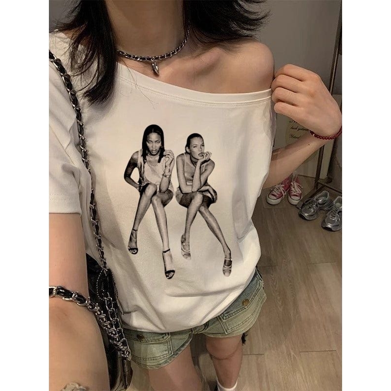 Jual (NEW) Off shoulder Graphic Tee Y2K t-shirt Kate Moss Naomi Campbell, Ahs style | Streetwear ...