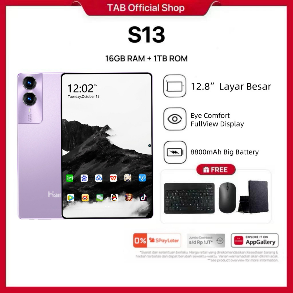 Jual 【Free Mouse Keyboard 】Tablet Android 2025 baru S13 12.8inch, RAM ...