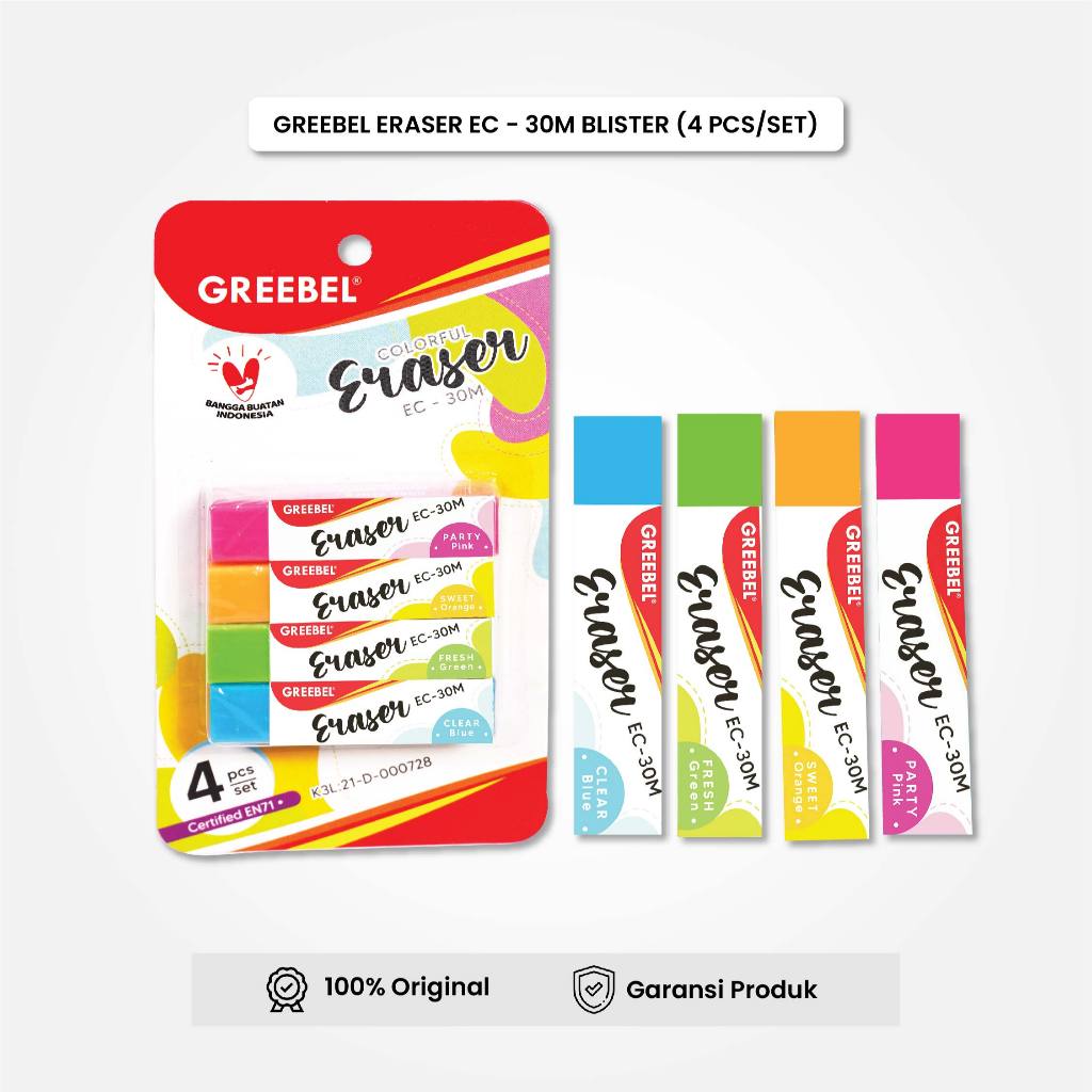 Jual GREEBEL Eraser Hapusan Stip EC-30M Blister (4PCS/SET) Penghapus ...