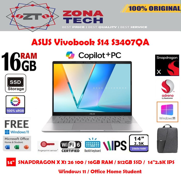 Jual ASUS Vivobook S14 S3407QA Snapdragon X X1 26 100 16GB 512GB SSD 14 ...