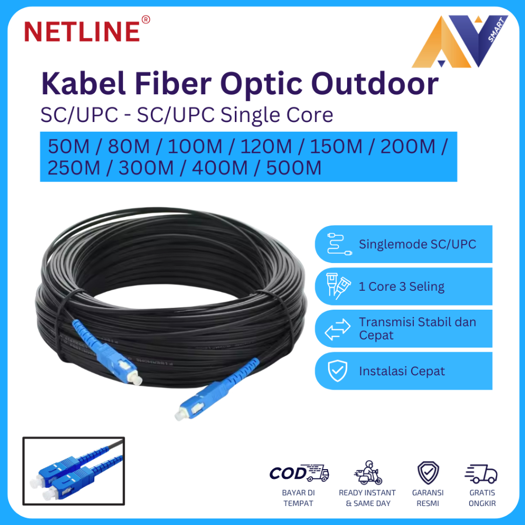 Jual Netline Kabel Fiber Optic 1 Core SC UPC Outdoor FO FTTH Fiber Optik 50 / 80 / 100 / 120 ...