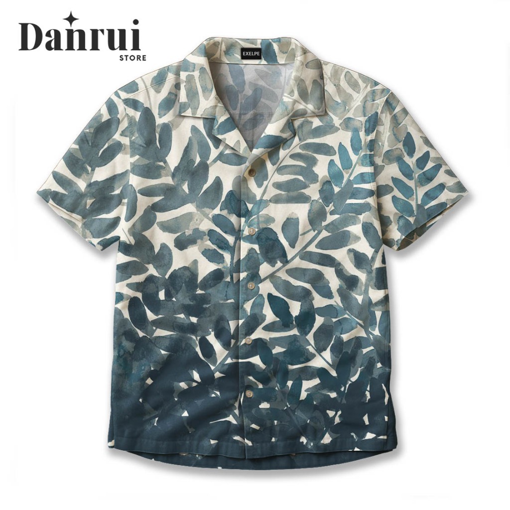 Jual DANRUI Kemeja Putih Biru Motif Daun Tropis – Kemeja Unisex ...