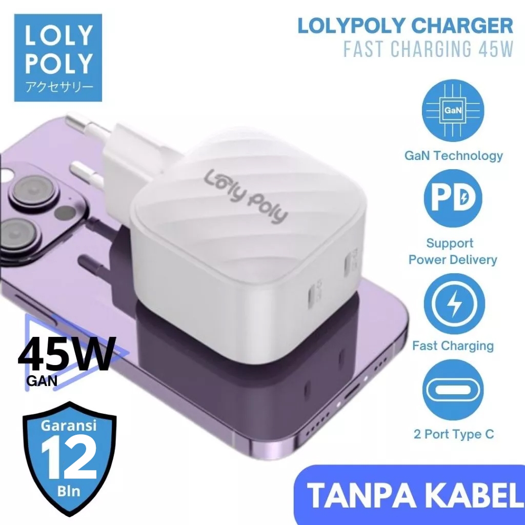 Jual LOLYPOLY Kepala Charger GAN Quick Charger 2 port Type C PD 45W ...