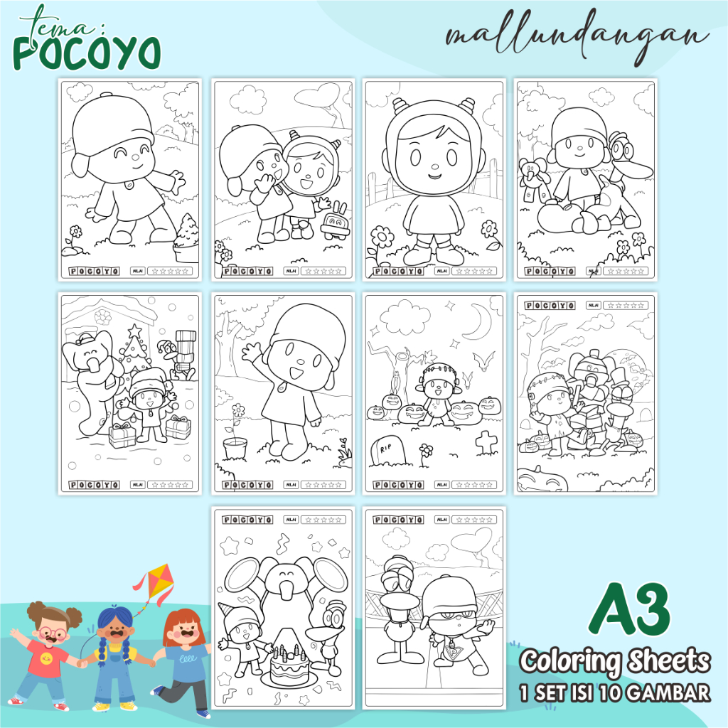 Jual LEMBARAN MEWARNAI ANAK A3 - TEMA POCOYO - PAPER COLORING SHEETS ...