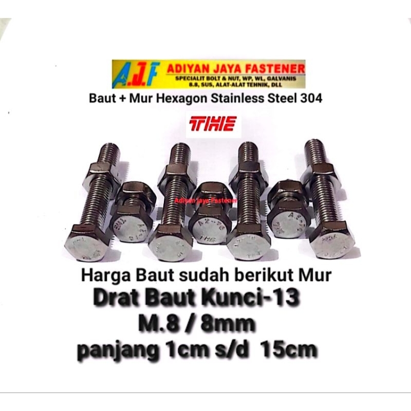Jual Baut & Mur Hexagon Stainless 304/ drat baut 12/ M.8( Panjang 1cm s ...