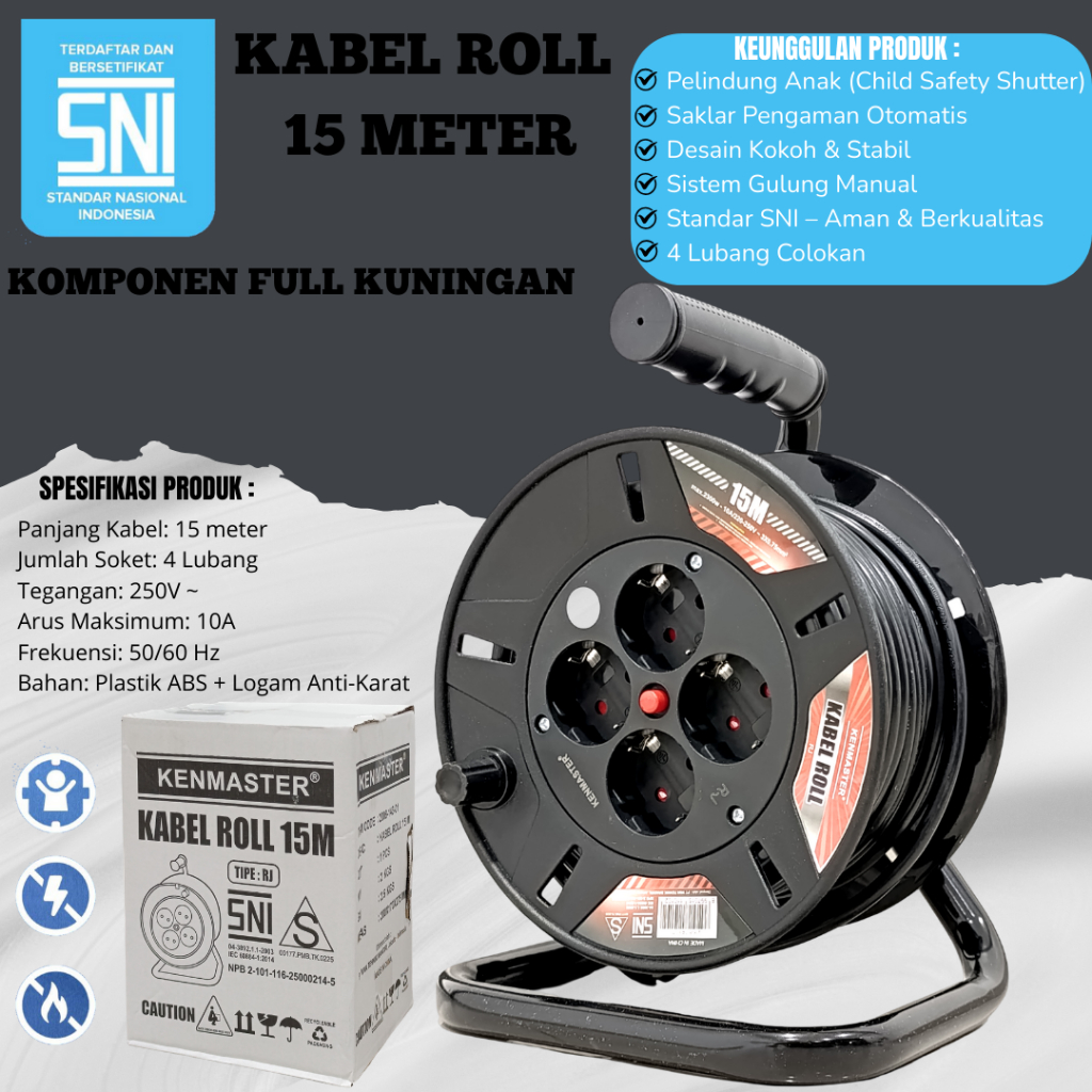 Jual Kabel Roll 15 Meter 4 Lubang Kenmaster Kuningan SNI 2300 Watt ...