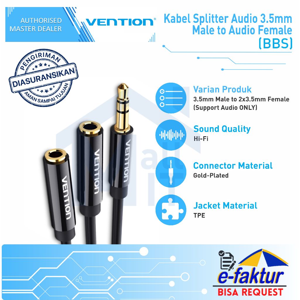 Jual MALLIT VENTION Kabel Aux Audio Splitter 3.5mm Male to 2 Female BBS ...