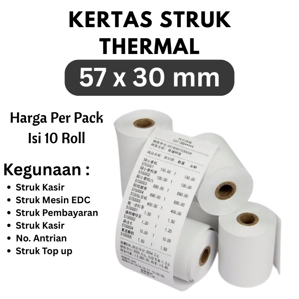 Jual (Per Pack isi 10 Roll) Kertas Struk Thermal 57x30 Mm | Kertas ...