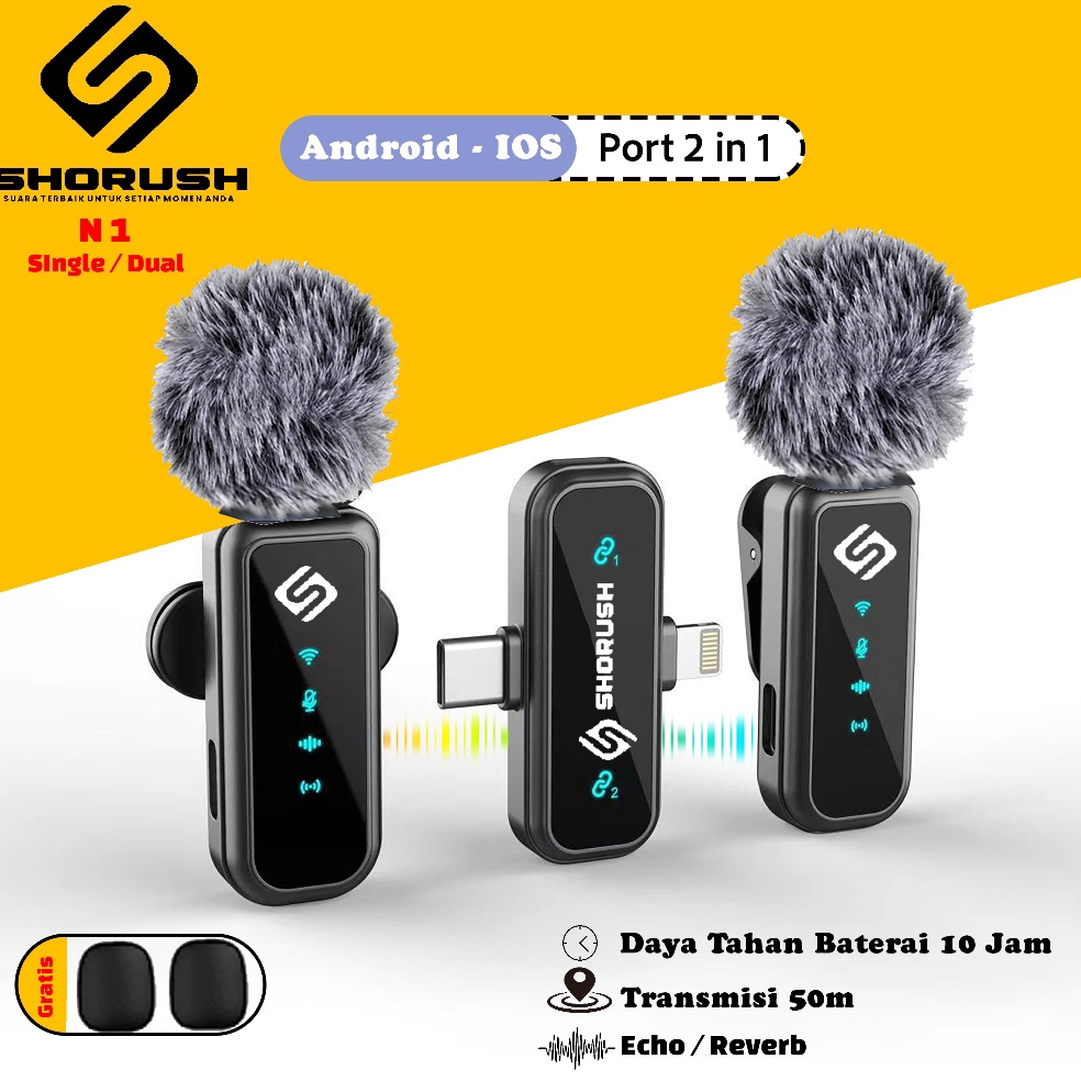 Jual KODE U72A Shorush N1 2 In 1 Single Dual Wireless Microphone Clip On Mic Portable Android ...