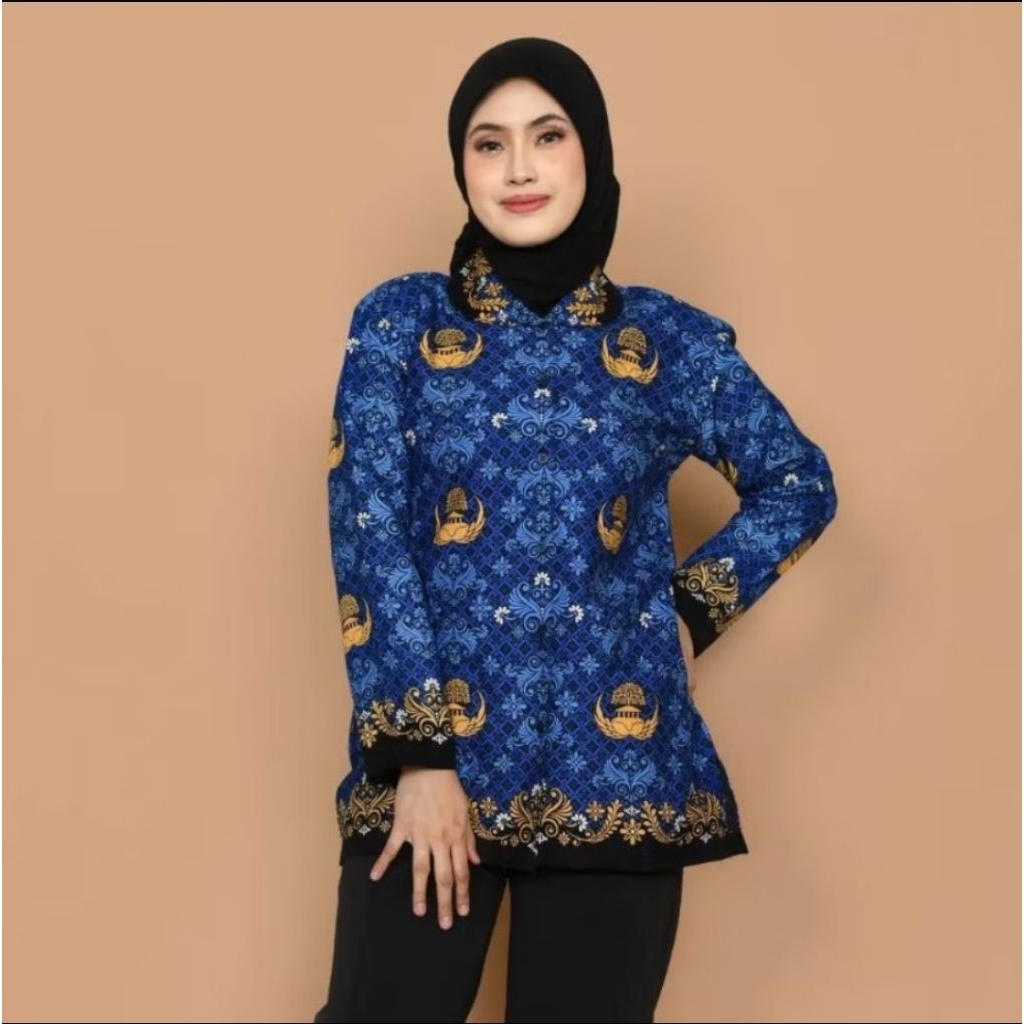 Jual baju batik KORPRI WANITA terbaru kerah hitam full puring bahan katun 40s | Shopee Indonesia