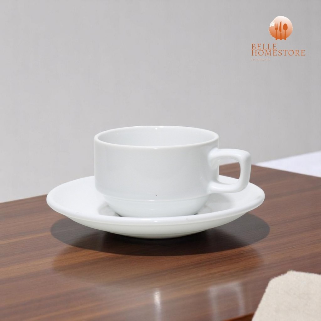 Jual Cangkir kopi set keramik putih stackable tea cup saucer 200ml ...