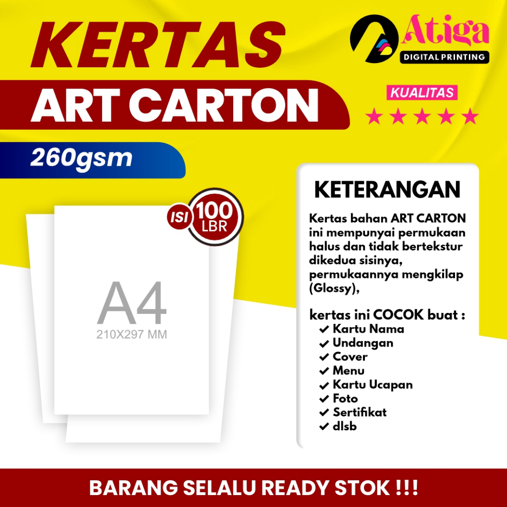 Jual Kertas Art Carton 260gsm / 210gsm uk. A4 cocok unt. Menu Kartu ...