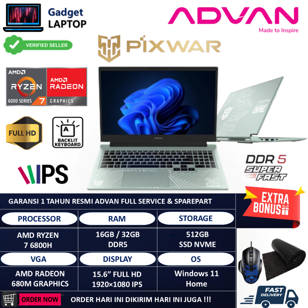 Jual Laptop Advan Pixwar 15 Amd Ryzen 7 6800H 32GB DDR5 512GB 15.6 Inch ...