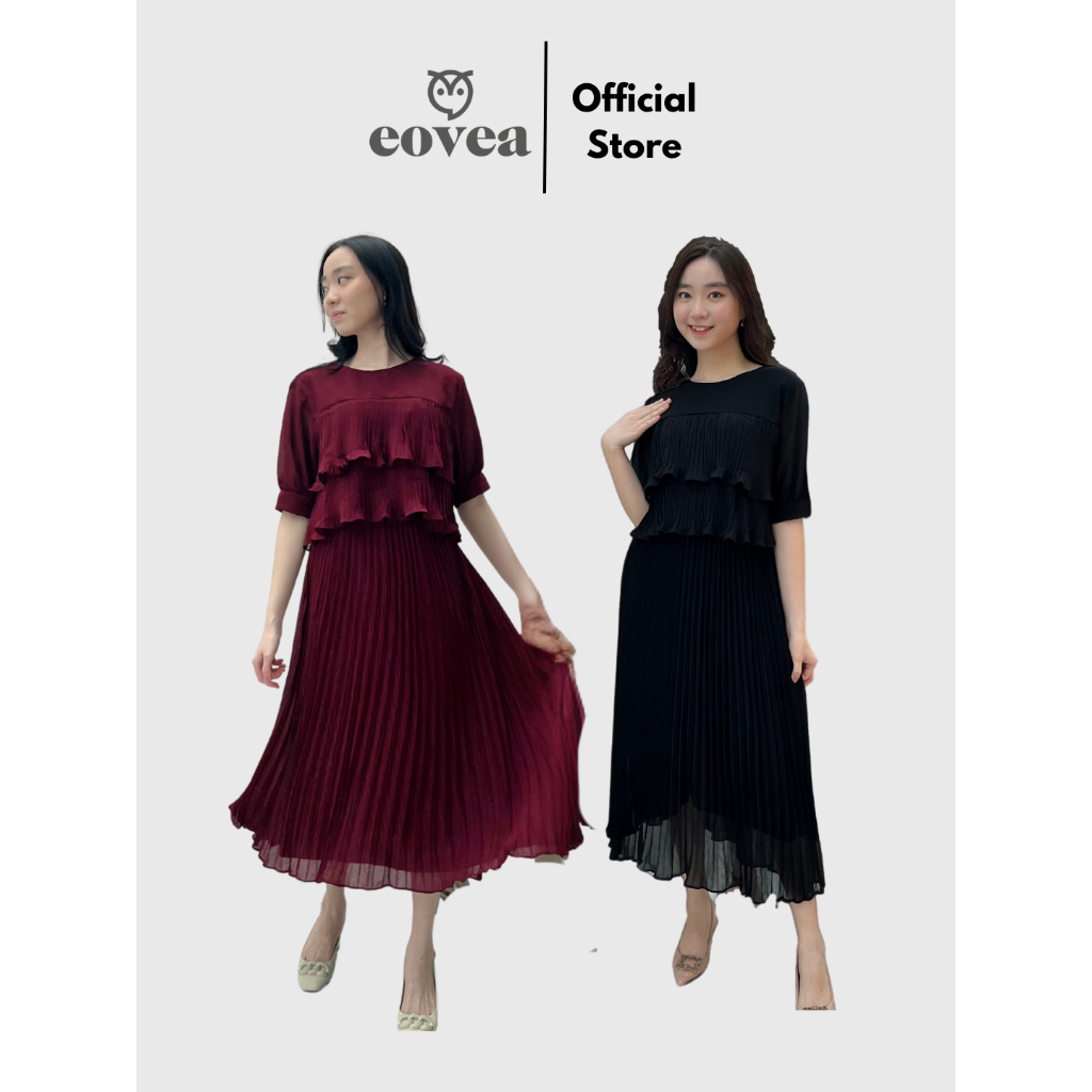 Jual EOVEA - Claryn Dress Wanita Kondangan Korean Style Plisket Hitam Maroon F336 | Shopee Indonesia