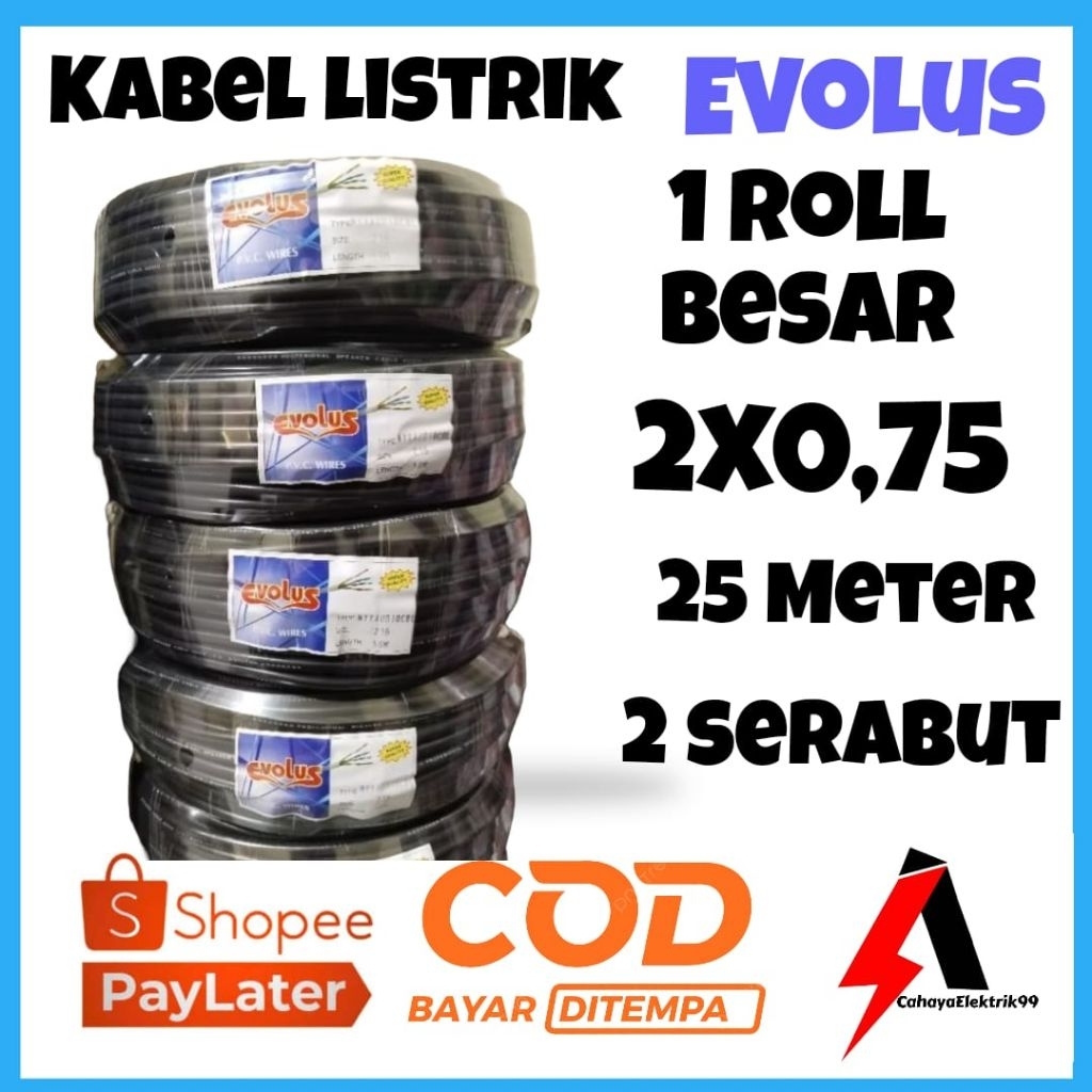 Jual kabel listrik dan audio evolus 2x0,75 25 meter full warna hitam isi 2 serabut tebel (1roll ...