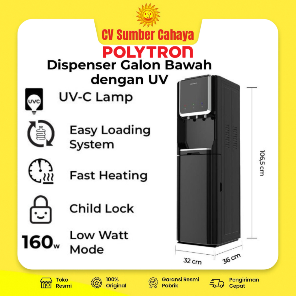 Jual Polytron Dispenser Galon Bawah 3 Kran UV Light Low Watt Kompressor ...