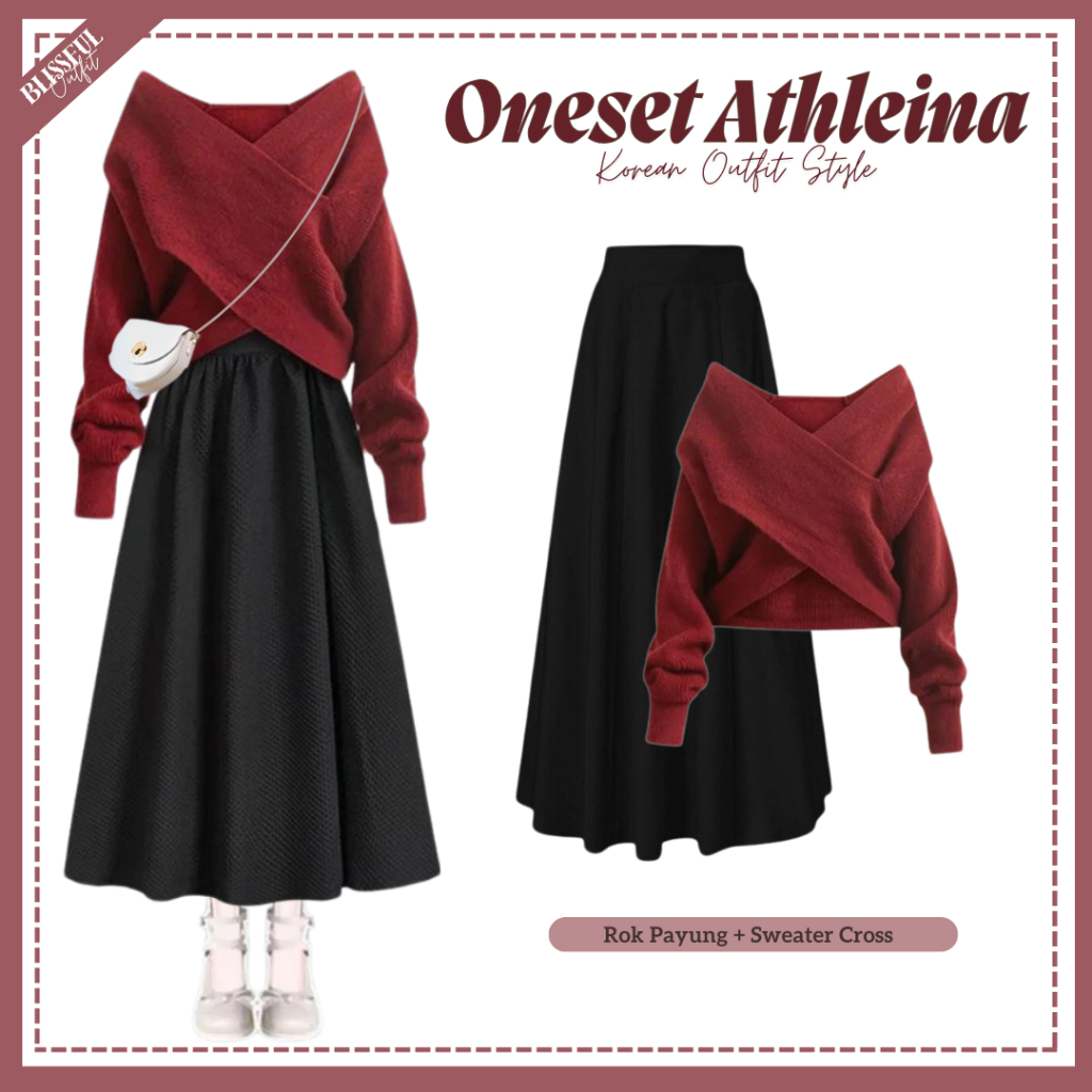Jual Athleina One Set Outfit Wanita Sweater Cross Top Maroon + Rok ...