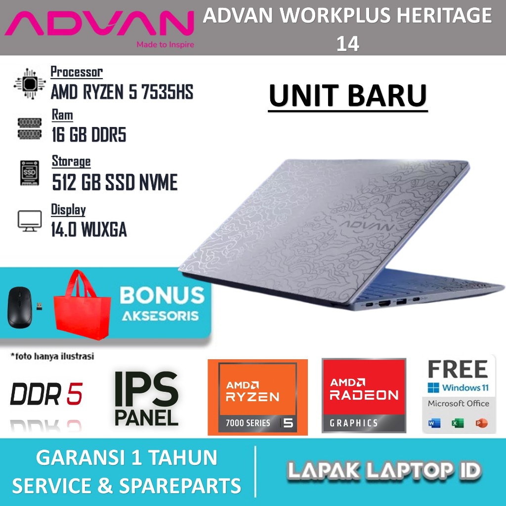 Jual Laptop Gaming ADVAN WorkPlus HARITAGE AMD Ryzen 5 7535HS RAM 16GB ...