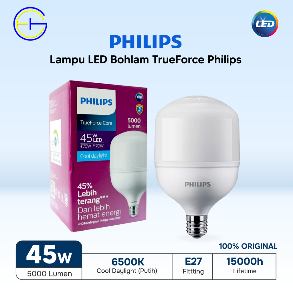 Jual Lampu LED Bohlam TrueForce Philips HB 45W E27 220-240V Putih 6500K ...