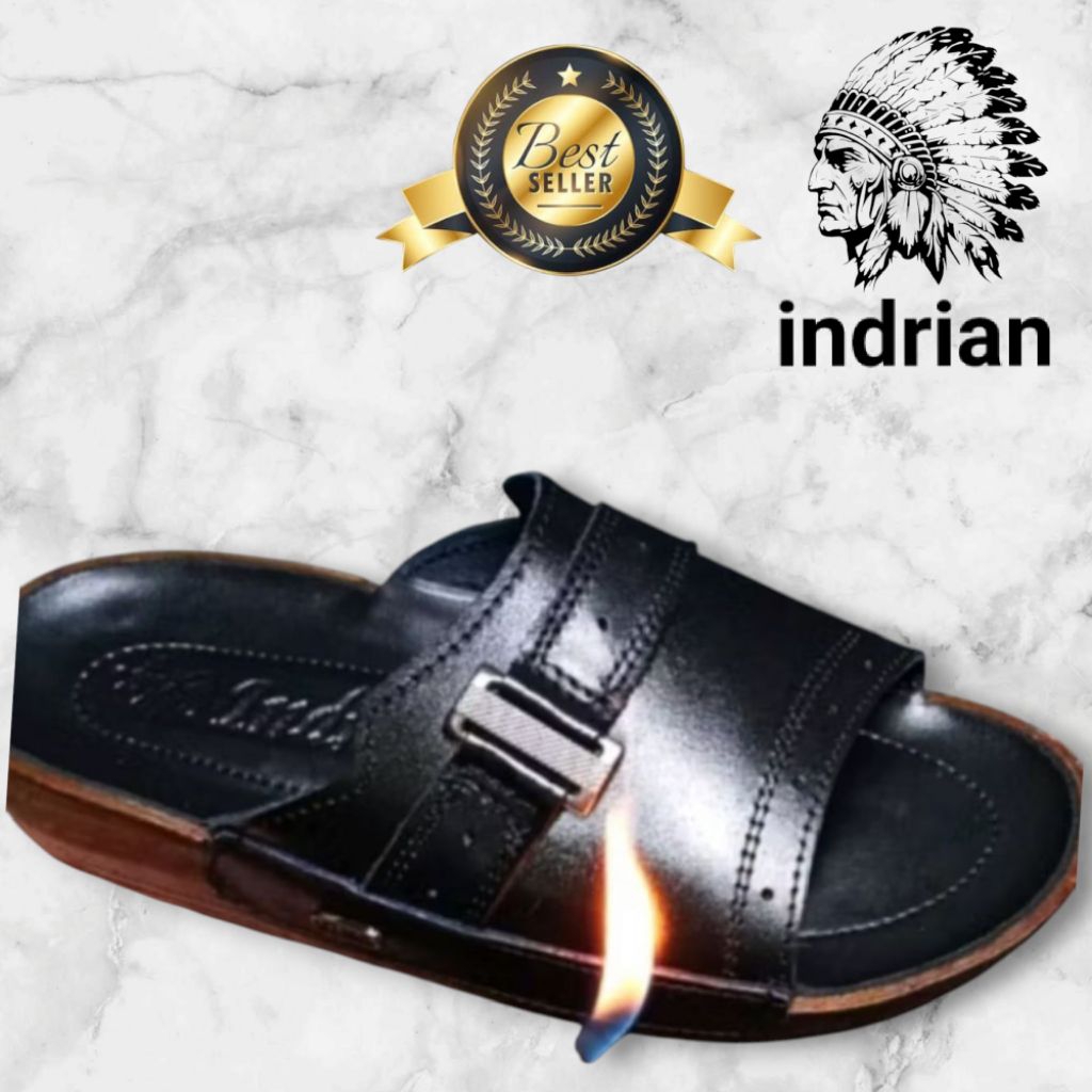 Jual sandal kulit asli pria indrian black 437K original/sandal kulit ...