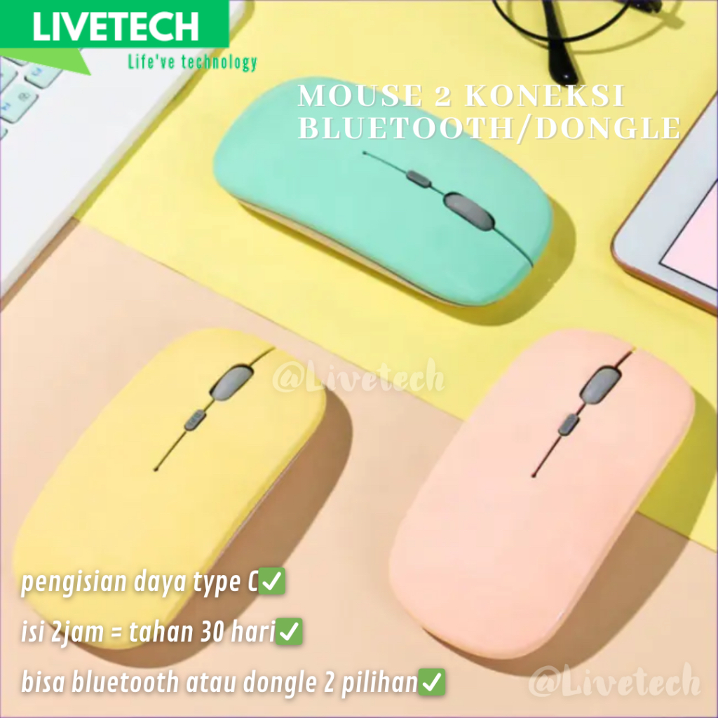 Jual LIVETECH Mouse Wireless Bluetooth Receiver USB Silent Click Macaron Silent Mouse ...
