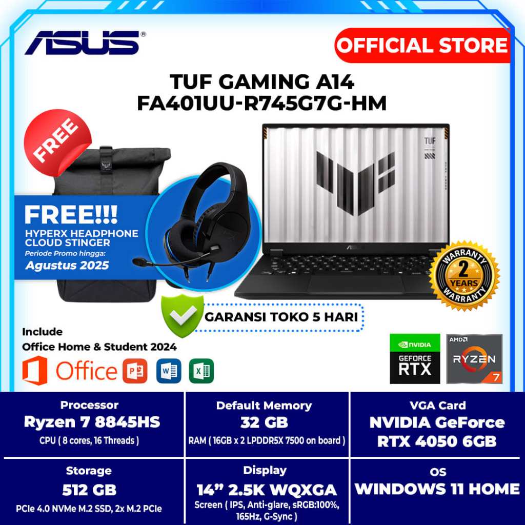 Jual ASUS TUF GAMING A14 FA401UU-R745G7G-HM GREY AMD RYZEN 7-8845HS ...