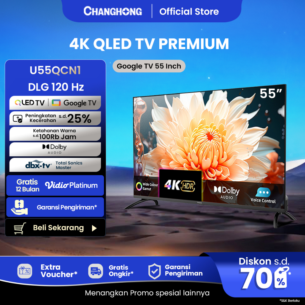 Jual Changhong QLED TV 55 inch DLG 120HZ 4K Google TV Smart TV Digital Dolby Audio DBX-TV ...