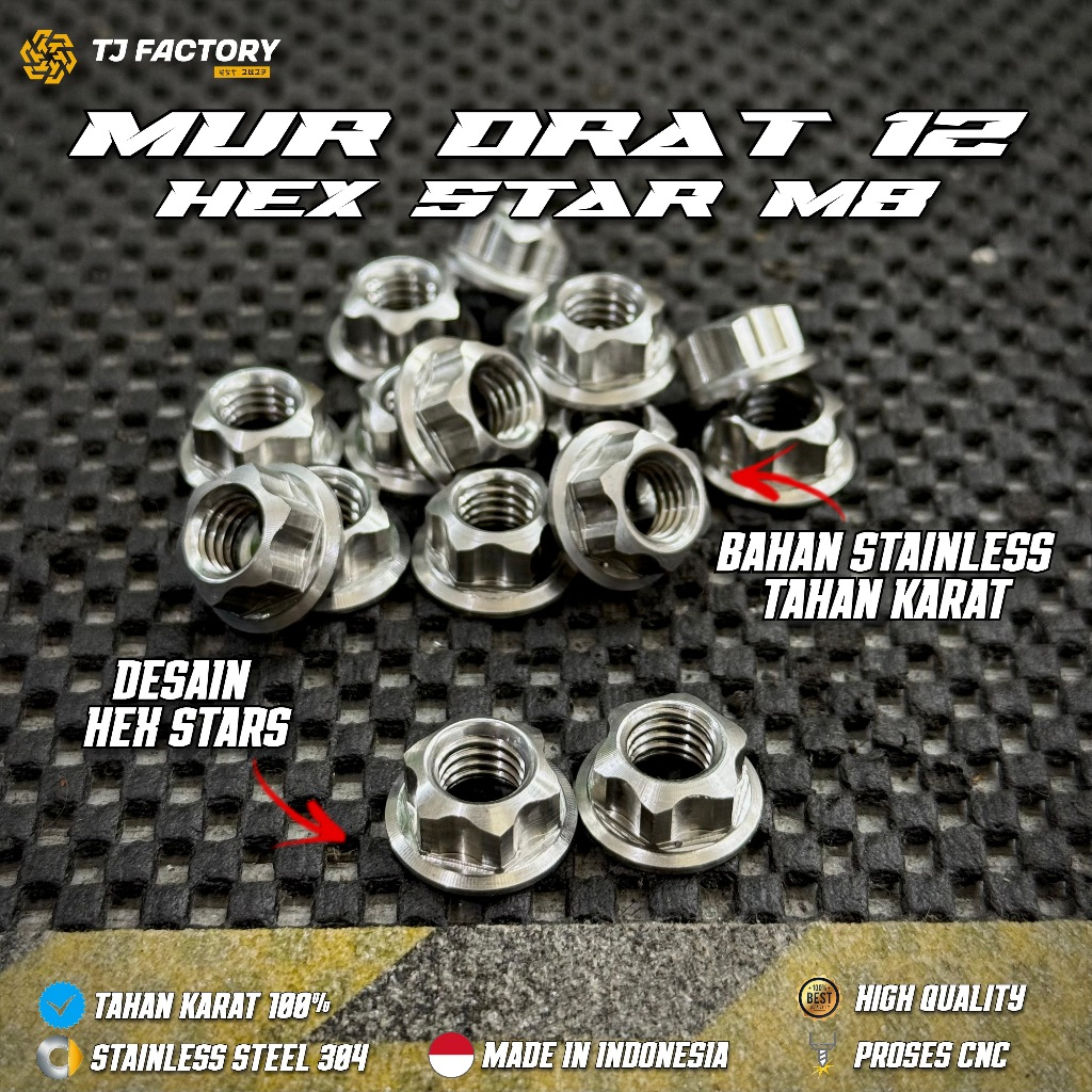 Jual Mur Drat 12 Stainless CNC Mur M8 tipe HEX STARS by TJ Factory ...