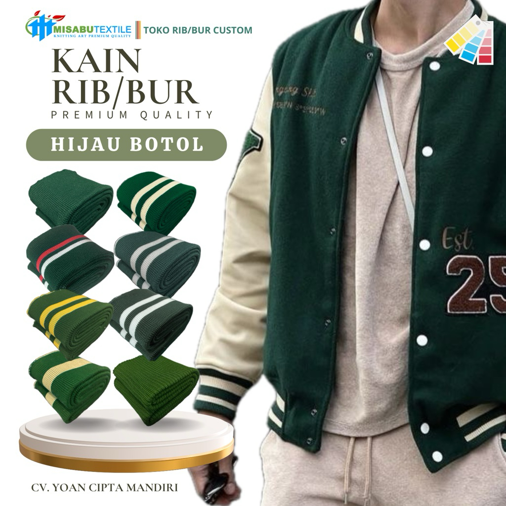 Jual Kain rib bur untuk jaket hijau botol premium polos strip rajut ...